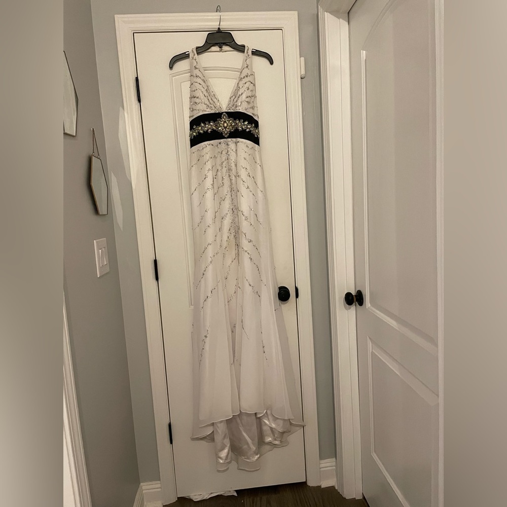 White Riva Designs Prom Dress With Black Belt And Cry… - Gem